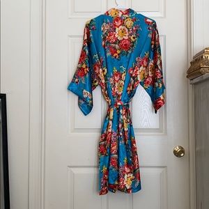 Intimates & Sleepwear | Teal Silk Robe With Red Pink And Yellow Flowers ...